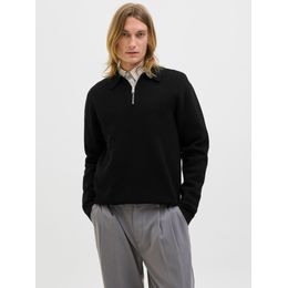Jack & Jones Polokragenpullover JACK & JONES "JPRBLAMILANO STITCH KNIT ZIP POLO SN", Herren, Gr. S, schwarz, Strick, Obermaterial: 100% Baumwolle, unifarben, regular fit h&uuml;ftbedeckend, Rundhals, Pullover