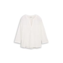 Tom Tailor Damen Henley Langarmshirt im Material-Mix, wei&szlig;, Uni, Gr. XL