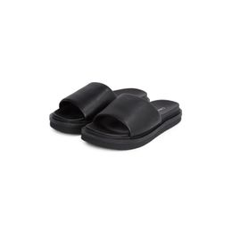 Herren Pantolette "FLAT MOLDED SLIDE SANDAL LTH", Calvin Klein Jeans, Gr. 45, schwarz, Leder, Schuhe, Poolslides, Sommerschuh, Strandschuh, Schlappen