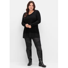 sheego Gro&szlig;e Gr&ouml;&szlig;en V-Ausschnitt-Pullover mit Chiffon am Saum, schwarz, Gr&ouml;&szlig;e 44/46 - Damen