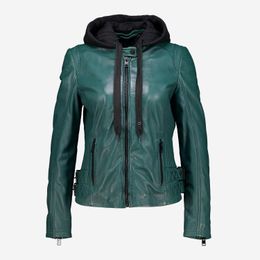 Dunkelgrüne Slim Fit Bikerjacke aus Leder mit Kapuze