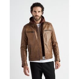 Bikerjacke JCC "31024993", Herren, Gr. 46, braun, Obermaterial: 100% Leder, Schaf; Futter: 100% Polyester; Wattierung: 100% Polyester; Kapuze: 65% Polyester; 35% Baumwolle, mit Knopf, Jacken