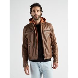 Bikerjacke JCC "993", Herren, Gr. 52, braun, Obermaterial: 100% Leder Schaf; Futter: 100% Polyester; Kapuze: 65% Polyester, 35% Baumwolle, mit Knopf, Jacken
