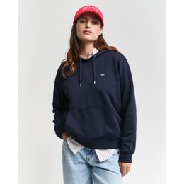 Hoodie Gant "SHIELD HOODIE", Damen, Gr. L, blau (evening blau), Sweatware, Obermaterial: 78% Baumwolle, 22% Polyester, Rippbündchen, Sweatshirts, Grafische Gant-Stickerei auf der Brust