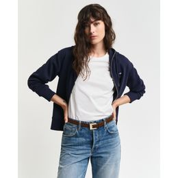 Kapuzensweatjacke Gant "SHIELD ZIP HOODIE", Damen, Gr. S, blau (evening blau), Sweatware, Obermaterial: 87% Baumwolle, 13% Polyester, Casual, relaxed fit, Rippbündchen, Sweatjacken, Grafische Gant-Stickerei auf der Brust