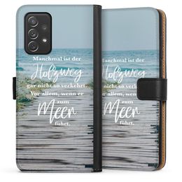 DeinDesign Galaxy A72 Handy Klapph&uuml;lle Handyh&uuml;lle aus Kunst Leder schwarz Flip Case Statement Beach Spruch Sideflip mit langer Lasche