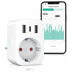 BEARWARE WLAN-Steckdose mit USB, 2,4Ghz WiFi Fernsteuerung per Smart life App, Sprachsteuerung, Zeitschaltuhr, Energiekostenmessger&auml;t, USB-Ladeger&auml;t, Countdown Timer
