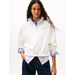 Sweatshirt Tommy Jeans "TJW BXY S-FLAG 1/4 ZIP", Damen, Gr. L (40), beige (ecru), Sweatware, Obermaterial: 100% Baumwolle, unifarben, normal, hoch geschlossener Ausschnitt, Rippbündchen, Sweatshirts