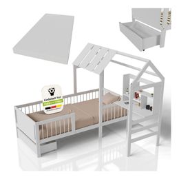 Juskys Kinderbett Yari 90x200 cm - Integrierter Schreibtisch, Praktische Schublade - wei&szlig;