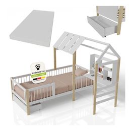 Juskys Kinderbett Yari 90x200 cm - Integrierter Schreibtisch, Praktische Schublade - wei&szlig;/natur