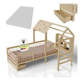 Juskys Kinderbett Yari 90x200 cm - Integrierter Schreibtisch, Praktische Schublade - natur