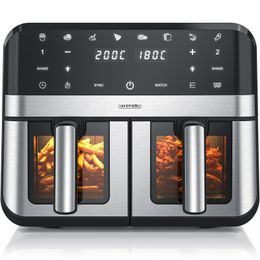 arendo HeiBluftfritteuse XXL Doppelkammer Airfryer , Dual Zone, Sichtfenster mit Beleuchtung, 2400 W, mit Zubehdr, Touchscreen, 3D Umluftsystem, fettarmes gesundes Kochen