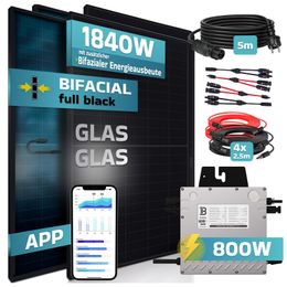 SUNNIVA&reg; 1840W Balkonkraftwerk BIFAZIAL FULLBLACK komplett Steckdose BENY 800 Watt Wechselrichter, Solaranlage Komplettset, 4x 460W N-Type Glas-Glas Bifacial Solarmodule, 5m Kabel & 4x 2.5m Solarkabel