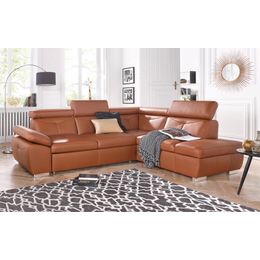 Ecksofa exxpo - SOFA FASHION "Spring, super bequem und komfortabel mit Armteil- und Kopfteilfunktion", braun (cognac), B:274cm H:81cm T:206cm, NaturLEDER (echtes Rindsleder) in Sitz und R&uuml;cken. Korpus in passendem Kunstleder SOFTLUX bezogen;Luxus-Microfaser (100% Polyester);Struktur ( 100% Polyester), Sofas, Ecksofa, wahlweise mit Bettfunktion und Bettkasten, L-Form