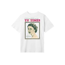 F4NT4STIC T-Shirt 'TV Times Queen Elizabeth II 1957 Cover' Damen Größe L beige / dunkelgrün / pink / weiß