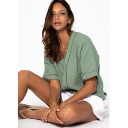 SASSYCLASSY Musselin Bluse mit Spitzeneinsatz in Gr&uuml;n | Gr.: XL