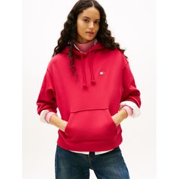 Hoodie Tommy Jeans "TJW BXY BADGE HOODIE EXT", Damen, Gr. L (40), ruby rhubarb, Sweatware, Obermaterial: 100% Baumwolle, unifarben, Casual, bequem hüftlang, Rippbündchen, Sweatshirts, mit Logo-Badge