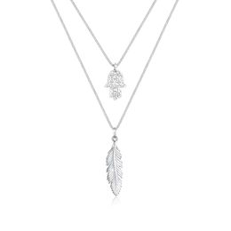 Elli Gliederkette »Layer Feder Hamsa 925 Silber, mit Kristallen von Swarovski « Silber 45 Halskette mit symbolischen Anhänger für Damen