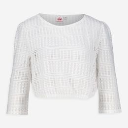Cremefarbene Cropped Fit Elster Spitzen-Dirndlbluse