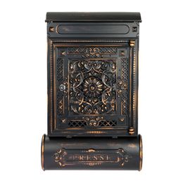 HMF Briefkasten Antik mit Zeitungsfach Vintage aus Aluguss 57 x 35 x 10 cm Schwarz-Kupfer
