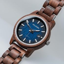 Holzkern; Holzuhr Nightbird (Walnuss/Blau), Herren, Naturholz