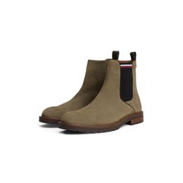 Chelseaboots Tommy Hilfiger "CLEATED HILFIGER SUEDE CHELSEA", Herren, Gr. 41, khaki, Elastischer Einsatz, Veloursleder, used, Schuhe, Blockabsatz, Stiefelette, Businessschuh in schmaler Form