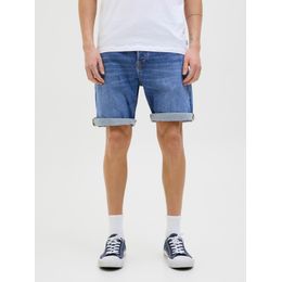 Jack & Jones Shorts JACK & JONES "JJIORIGINAL mit stylischem Aufschlag und Knopf", Herren, Gr. S, N-Gr, blau (blau denim pack:am 365), Web, Obermaterial: 98% Baumwolle, 2% Elasthan, unifarben, regular fit kniefrei, Hosen, mit stylischem Aufschlag