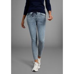 Stretch-Jeans Arizona, Damen, Gr. 34, N-Gr, blau (bleached), Jersey, Obermaterial: 59% Baumwolle, 40% Polyester, 1% Elasthan, Basic, bequem knöchellang, Jeans, weites Bein, normale Leibhöhe, knöchellang, mit Used-Waschung