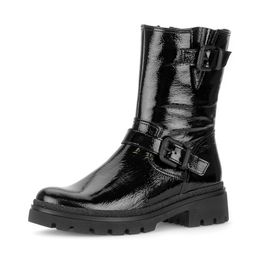 Bikerboots Gabor "FLORENZ", Damen, Gr. 38,5, schwarz, Lackleder, glänzend, Schuhe, Blockabsatz, Stiefelette mit einer Schafthöhe von 21 cm, G-Weite, Topseller