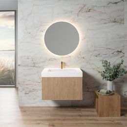 neoro n50 line Unterschrank B: 80 cm mit 1 Auszug, mit profilierter Eichenfront, Waschtisch area mit 1 Hahnloch weiß matt, mit Spiegel,