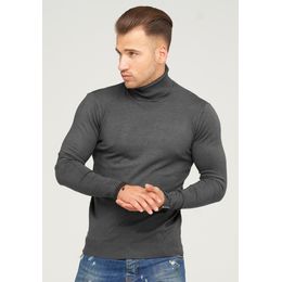 Rollkragenpullover behype "TIBERIUS", Herren, Gr. M, grau (dunkelgrau), 50% Baumwolle, 30% Polyester, 15% Viskose, 5% Elasthan, unifarben, normal, hoch geschlossener Ausschnitt, Pullover Rollkragenpullover, im modischen Slim Fit-Schnitt