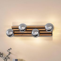 LINDBY Wandleuchte Woodora, Holz, Glas, rauchgrau, 4-flammig