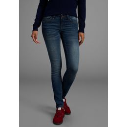 Skinny-fit-Jeans Arizona "mit Keileinsätzen", Damen, Gr. 34, N-Gr, blau (dunkelblau us), Denim/Jeans, Obermaterial: 76% Baumwolle, 16% Polyester, 7% Viskose, 1% Elasthan, Basic, skinny fit lang, Jeans, extra-enger Beinschnitt, niedrige Leibhöhe