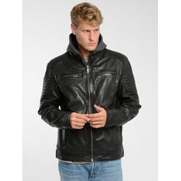Lederjacke JCC "3102237", Herren, Gr. 46, schwarz, Obermaterial: 100% Lammleder; Innenfutter oben: 100% Polyester; Innenfutter unten: 100% Baumwolle; Ärmelfutter: 100% Polyester; Wattierung: 100% Polyester; Kapuzeneinsatz: 55% Baumwolle, 45% Polyester, mit Knopf, Jacken