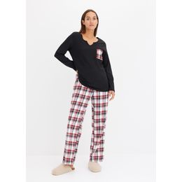 bonprix Pyjama mit Flanellhose, schwarz, 100% Baumwolle,Flanell