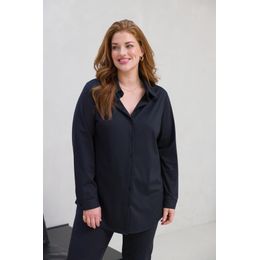 Langarmbluse Base Level Curvy "Lara", Damen, Gr. 50, blau (dunkelblau), Web, Obermaterial: 75% Polyamid, 25% Elasthan, unifarben, h&uuml;ftbedeckend, Rundhals, 1-Knopf-Manschette, Blusen, mit Stretch