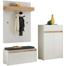 Garderoben-Set Inosign "City/Giron, moderne Garderobe, viel Stauraum, ca. 24 Schuhe", weiß, B:185cm H:200cm T:35cm, Holzwerkstoff, Kastenmöbel-Sets, enthält Schuhschrank, Garderobenpaneel & Garderobenbank mit Sitzkissen