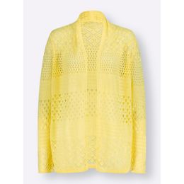 WITT Damen Ajourstrickjacke in langer, offener Form, zitrone, Gr&ouml;&szlig;e 44