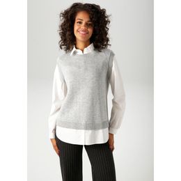 Aniston CASUAL Strickpullover mit Bluseneinsatz - NEUE KOLLEKTION hellgraumeliert-weiß 42 42 Pullover aus weicher Strick-Qualität