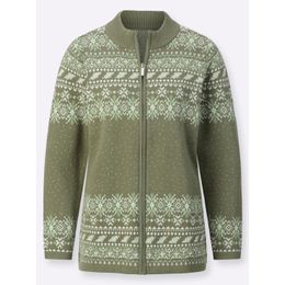 WITT Damen Jacquardstrickjacke im Norweger-Stil, khaki-ecru-gemustert, Gr&ouml;&szlig;e 56