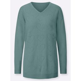 WITT Damen Longpullover mit Ajour-Herzchen, jade, Gr&ouml;&szlig;e 40
