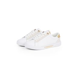 Plateausneaker Tommy Hilfiger "CHIC COURT SNEAKER", Damen, Gr. 36, weiß, Leder, Lederimitat, Schuhe, Schnürschuh, Halbschuh, Freizeitschuh mit goldfarbenen Besätzen