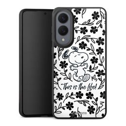 DeinDesign Galaxy S25 Edge Handy Premium Silikon H&uuml;lle Handyh&uuml;lle schwarz Case Peanuts Flowers Snoopy Silikon Premium Case