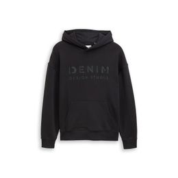 Tom Tailor Denim Herren Relaxed Fit Hoodie Sweatshirt mit Print, schwarz, Uni, Gr. L