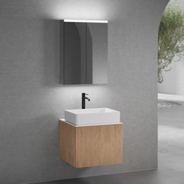neoro n50 line Unterschrank B: 60 cm mit 1 Auszug, mit profilierter Eichenfront, Waschtisch B: 58 cm wei&szlig; matt, Konsole wei&szlig; matt, mit Spiegelschrank,
