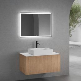 neoro n50 line Unterschrank B: 100 cm mit 1 Auszug, mit profilierter Eichenfront, Waschtisch B: 58 cm wei&szlig; matt, Konsole wei&szlig; matt, mit Spiegel,