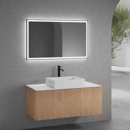 neoro n50 line Unterschrank B: 120 cm mit 1 Auszug, mit profilierter Eichenfront, Waschtisch B: 58 cm wei&szlig; matt, Konsole wei&szlig; matt, mit Spiegel,