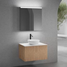 neoro n50 line Unterschrank B: 80 cm mit 1 Auszug, mit profilierter Eichenfront, Waschtisch &Oslash; 40 cm wei&szlig; matt, Konsole wei&szlig; matt, mit Spiegelschrank,