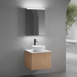 neoro n50 line Unterschrank B: 60 cm mit 1 Auszug, mit profilierter Eichenfront, Waschtisch &Oslash; 40 cm wei&szlig; matt, Konsole wei&szlig; matt, mit Spiegelschrank,