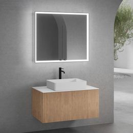 neoro n50 line Unterschrank B: 100 cm mit 1 Auszug, mit profilierter Eichenfront, Waschtisch B: 58 cm wei&szlig; matt, Konsole wei&szlig; matt, mit n60